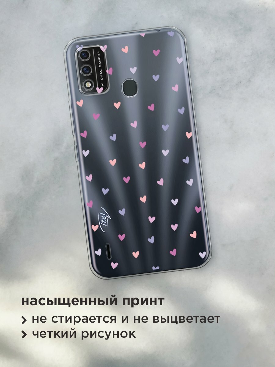 Чехол на Itel A48 / Ител А48 с принтом "Пастельные сиреневые сердечки", прозрачный — фото 1