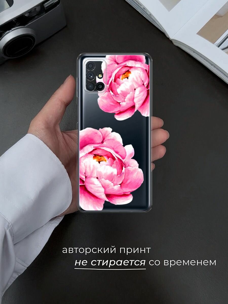 Чехол на Samsung Galaxy M31s / Самсунг Галакси M31s с принтом "Open peonies", прозрачный — фото 1