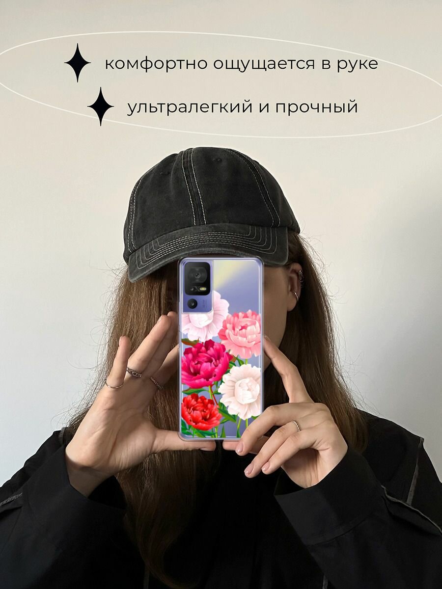 Чехол на TCL 40 SE / ТСЛ 40 SE с принтом "Большие пионы", прозрачный — фото 1