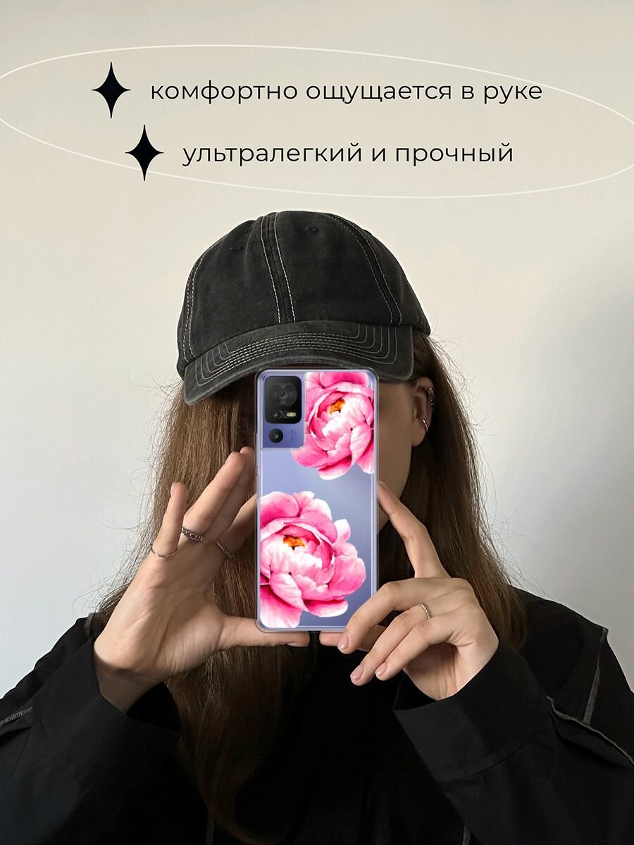 Чехол на TCL 40 SE / ТСЛ 40 SE с принтом "Open peonies", прозрачный — фото 1