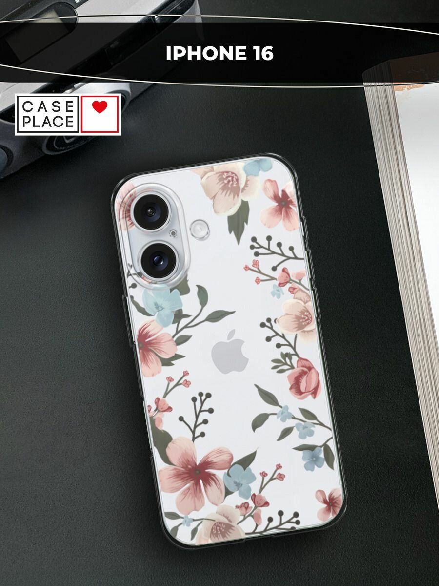 Чехол на Apple iPhone 16 / Айфон 16 с принтом "Нежная рамка из цветов", прозрачный