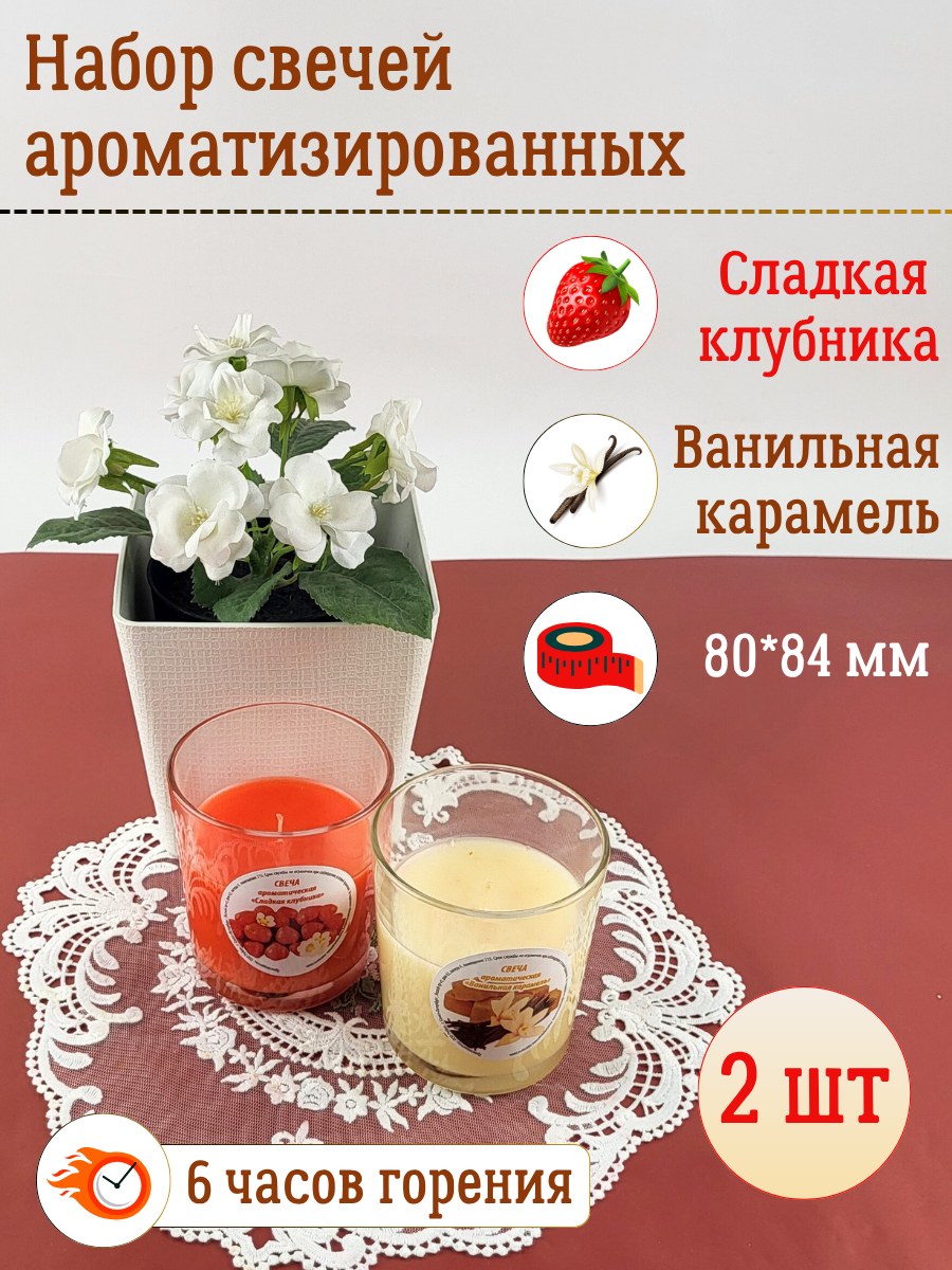 Свечи ароматические Клубника и Ваниль, в стекле, время горения: до 6 часов, 2 шт.