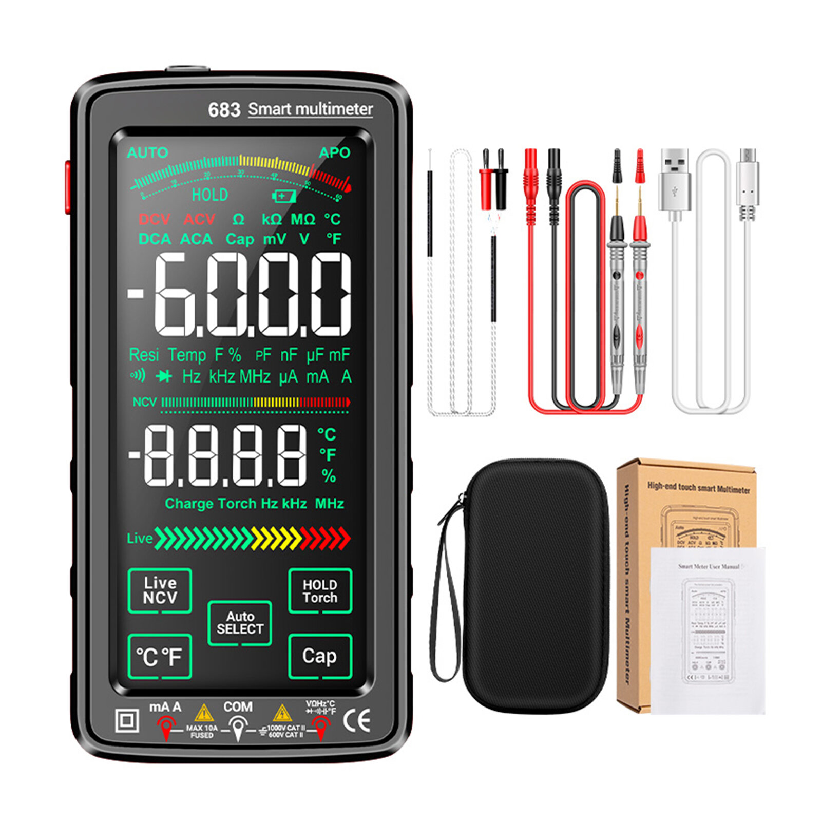 ANENG 683 6000 Подсчитает большой сенсорный экран цифровой мультиметровый интеллектуальный анти-сжигание перезаряжаемое универсальный метр VA-обратный дисплей NCV с фонариком для сопротивления тока напряжения.