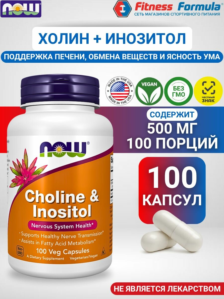 NOW Холин (Витамин B4) и Инозитол, 100 капсул/Choline & Inositol (масса капсулы 1142 мг)
