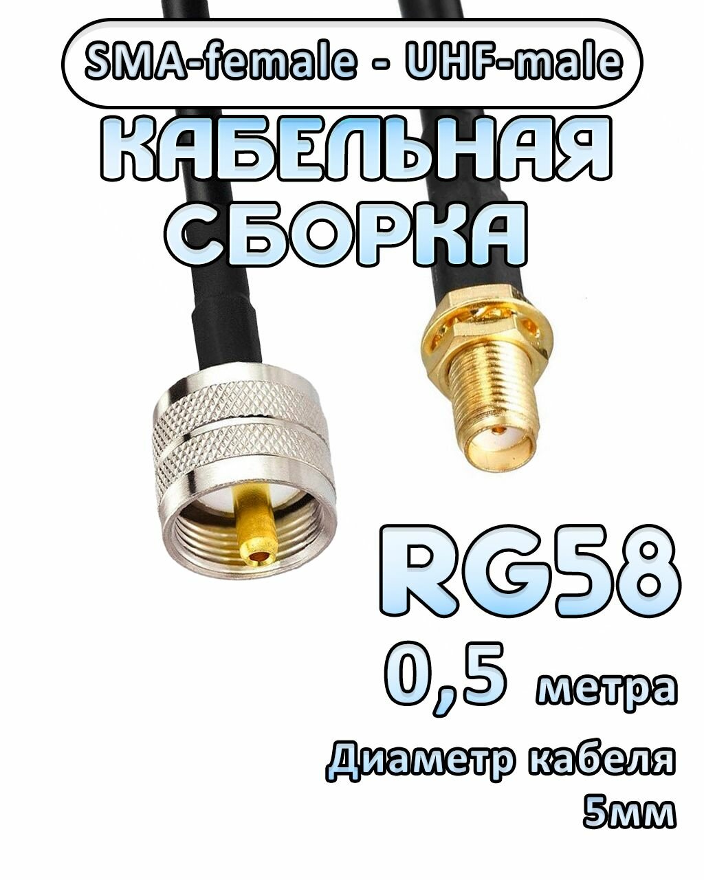 Кабельная сборка 50 Ом на RG-58 с разъемами UHF-male - SMA-female, 0,5 метра