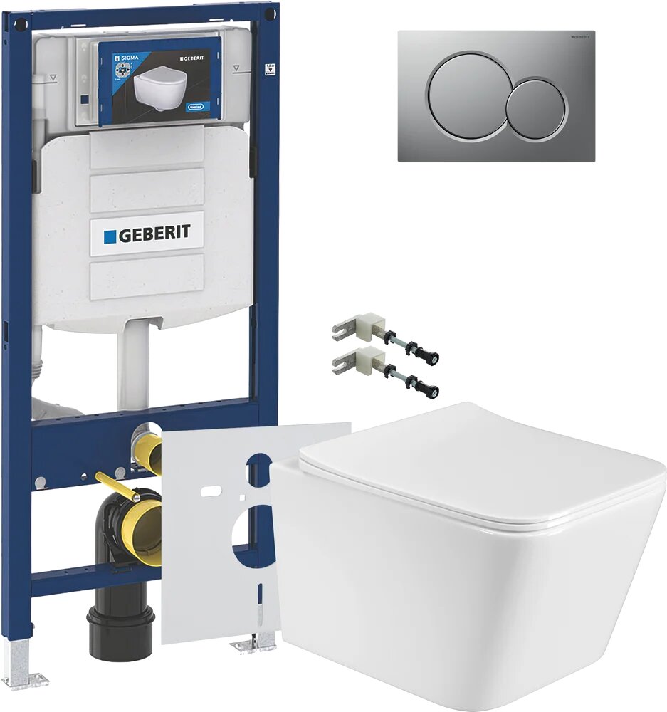 Комплект Унитаз подвесной BOND Cube F04-10 безободковый, с микролифтом, белый / Крепления Geberit Duofix к стене / Шумоизоляция, Инсталляция UP 320 111.300.00.5, Кнопка Sigma лакированная, матовый хро