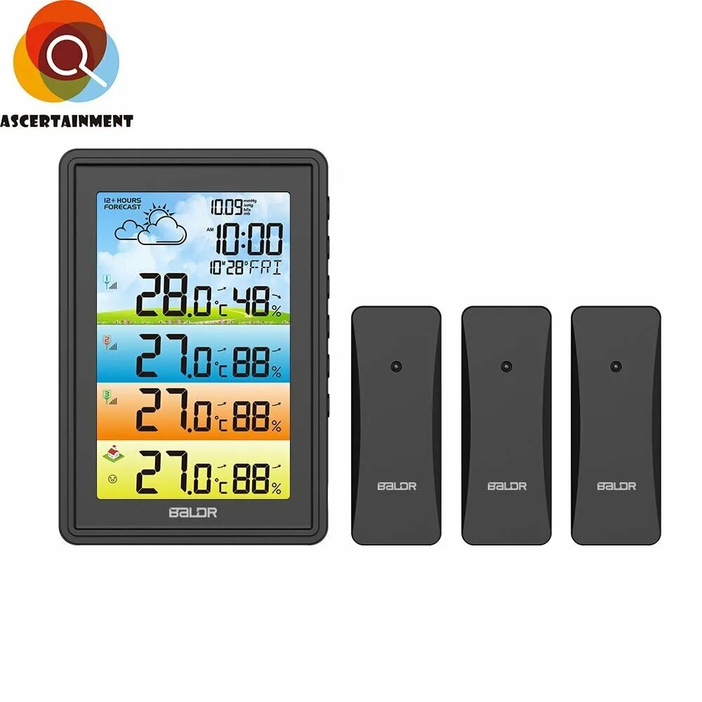 Цифровая беспроводная метеостанция BALDR с тремя удаленными датчиками, метром влажности в реальном времени и трекером температуры с ЖК-дисплеем и сенсорным экраном.