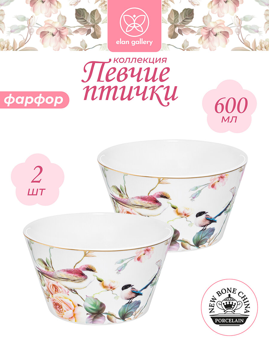 Салатник 2 шт по 600 мл Elan Gallery Певчие птички, фарфор, набор