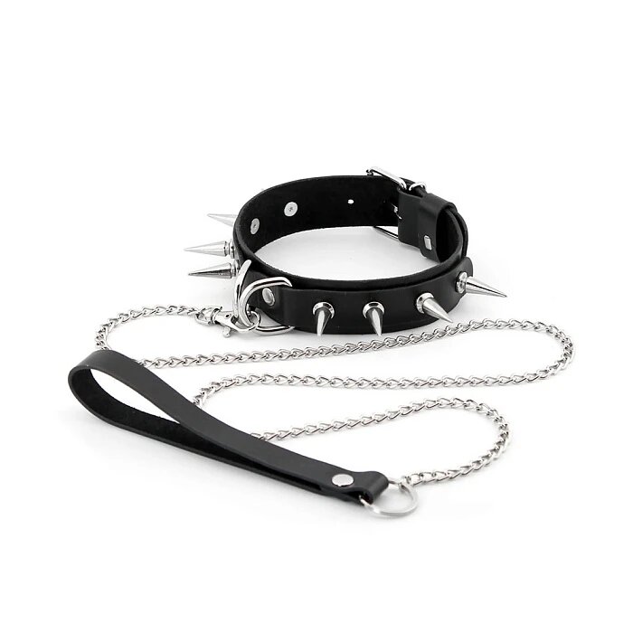 Ошейник с металлическим поводком и длинными шипами, натуральная кожа
