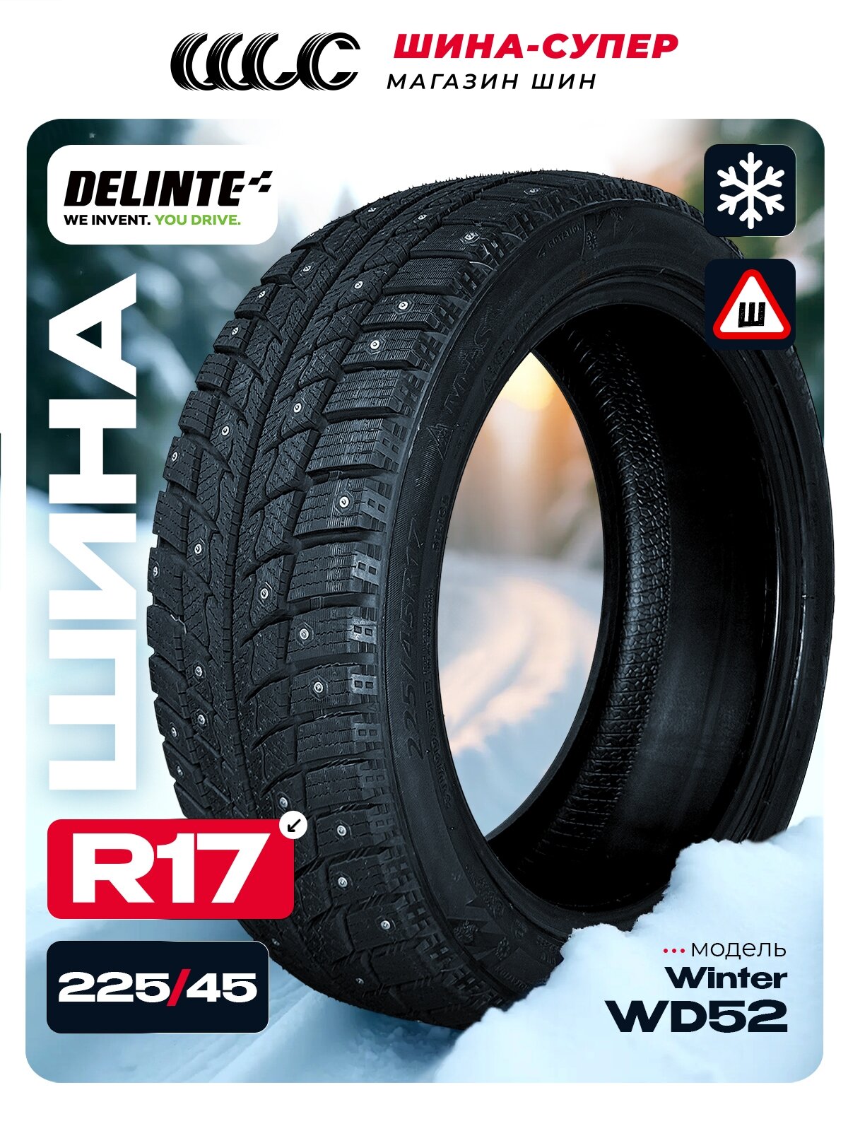 Зимние шины Delinte Winter WD52 225/45 R17 94H, шипованные, для легковых автомобилей