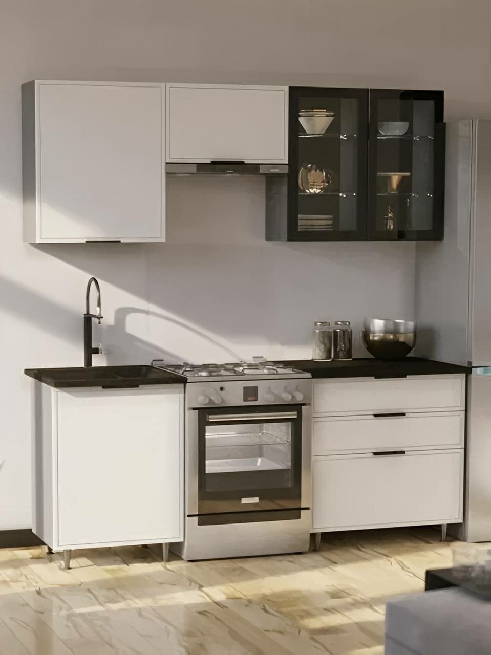 Кухонный гарнитур Николь 2м холст белый/корпус графит со столешницей миф