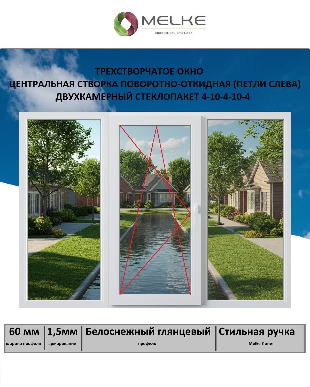 Окно ПВХ (ШхВ) 1400х1200 Melke 60 мм, трехстворчатое, центральная поворотно-откидная створка, левая, 2-х камерный стеклопакет, 3 стекла, цвет Белый