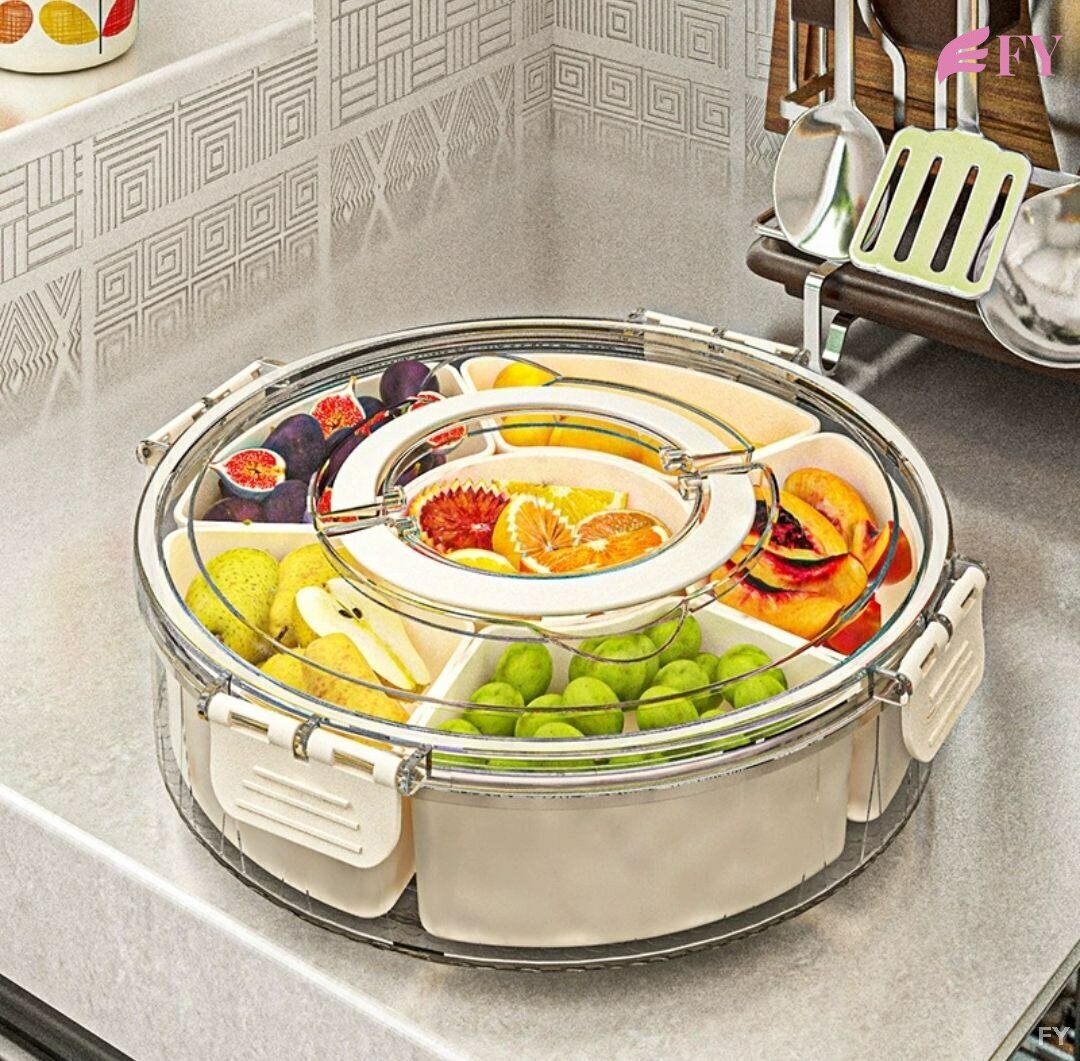 Портативная кухонная корзина для хранения, вращающийся круглый контейнер с разделенными секциями сохранения свежести.