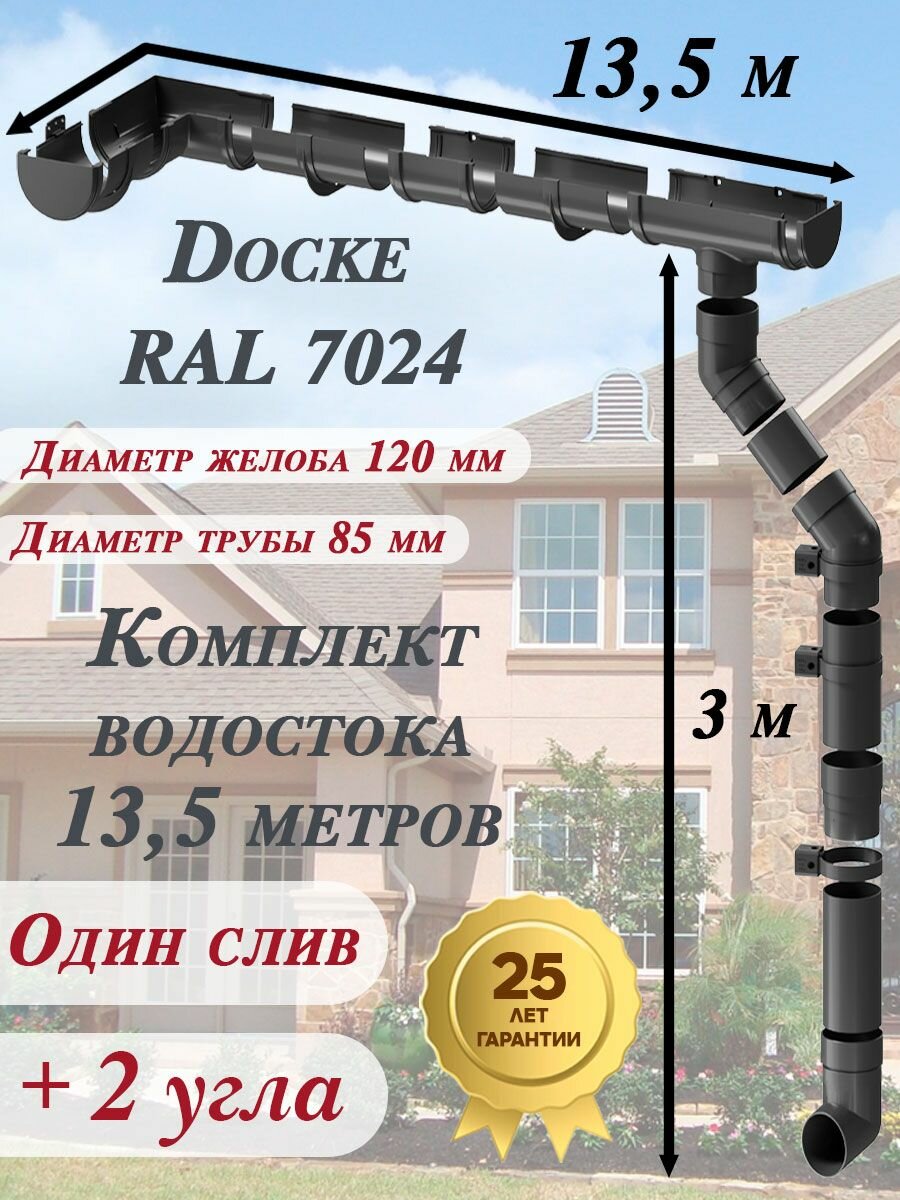 Комплект водосточной системы Деке Премиум 13,5 м карниза угловой (один слив) 120мм/85мм серый для вальмовой кровли с 2 (внешним/внутренним) углами, водосток Docke Premium (RAL 7024 графит) ПВХ