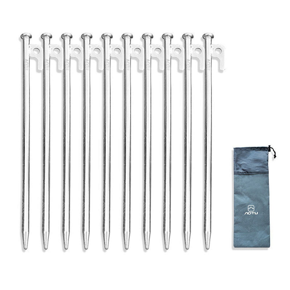 AOTU 10pcs 12 Inch Tent Stakes Pegs Camping Ground Nails Canopy Steel Nails Tent Spikes Set Silver Carbon Steel 300*10*10mm 173g Outdoor Use Storage Bag