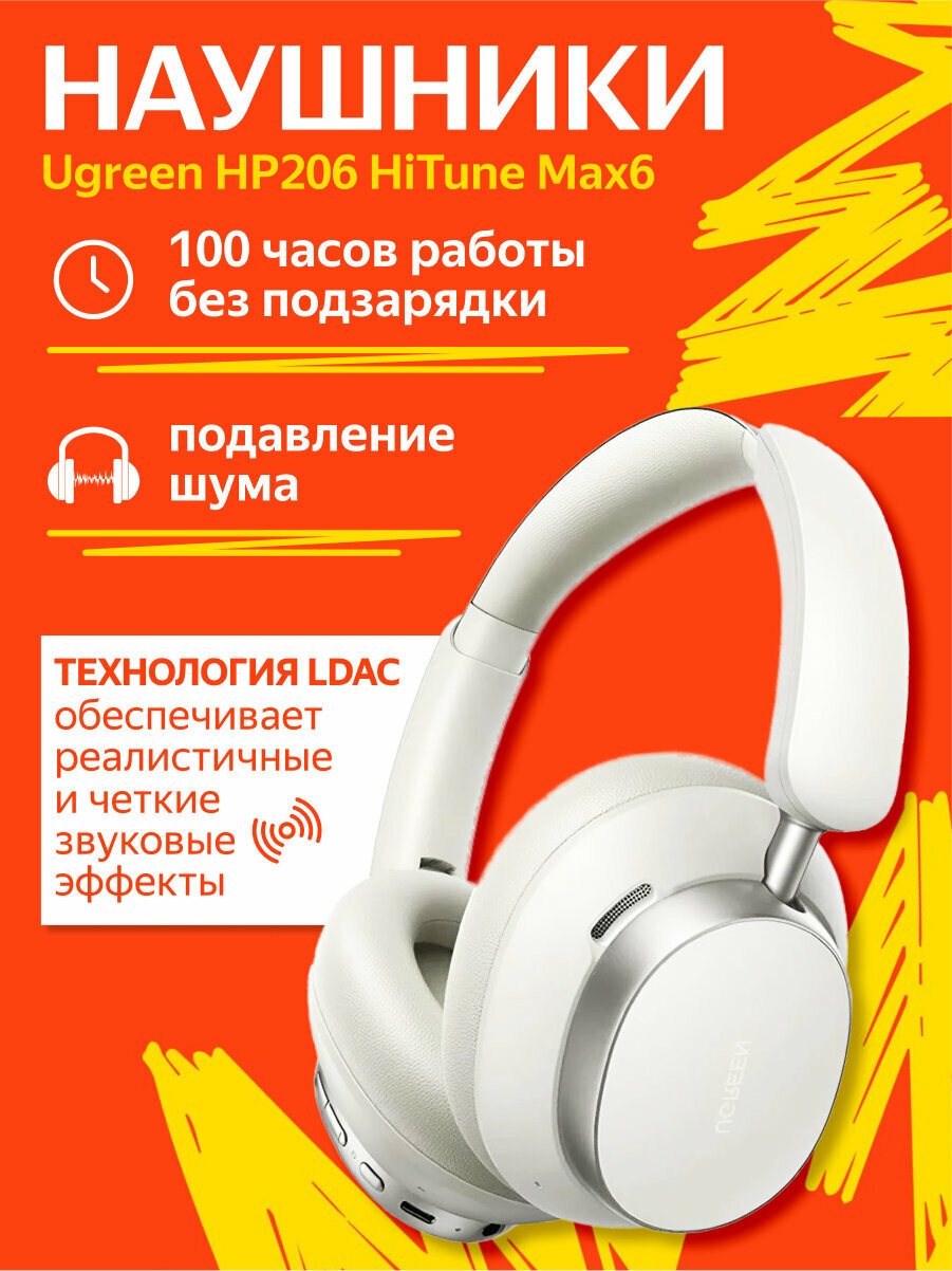 Наушники накладные UGREEN HP206 (55614) Studio Pro Hybrid Active Noise-Cancelling Headphones. Цвет: белый