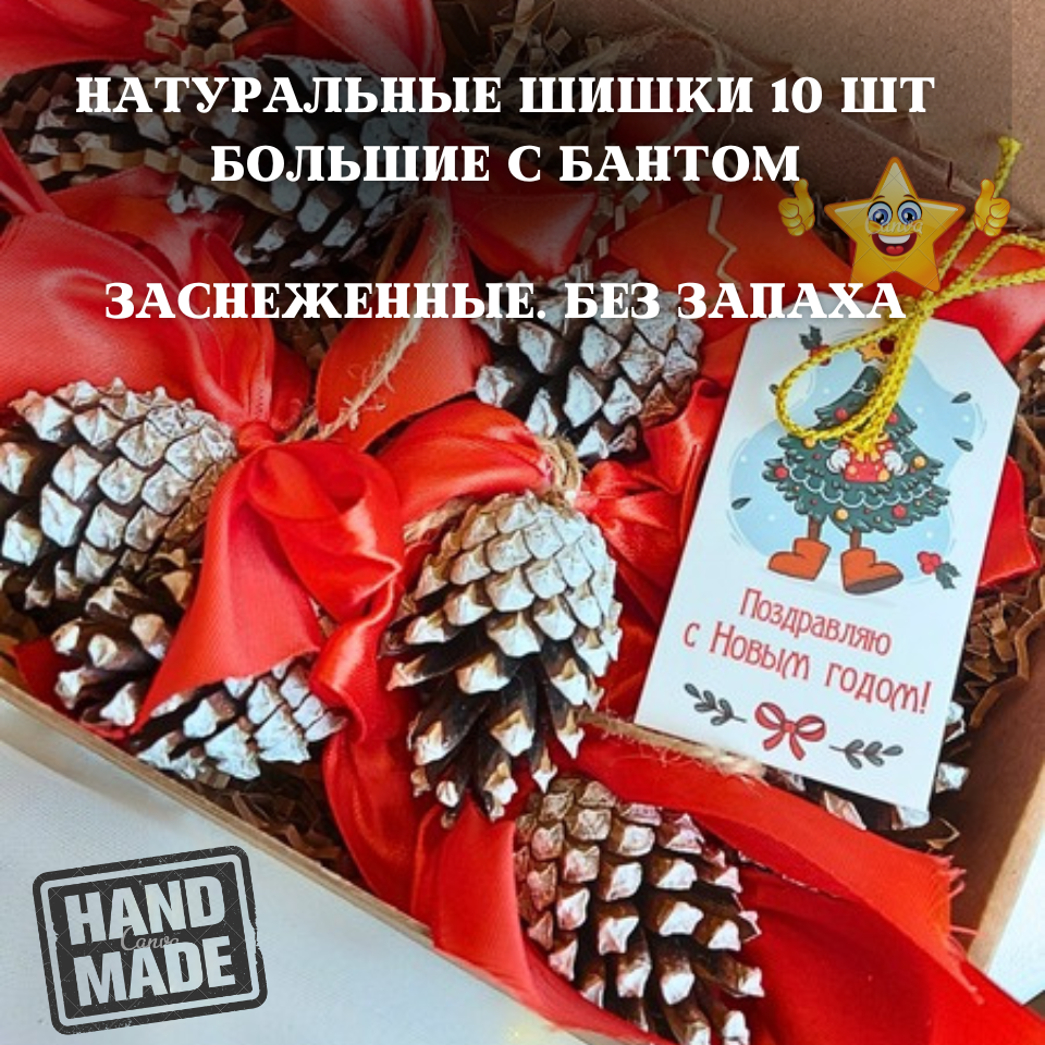 Шишки на елку с красным бантом заснеженные 10 шт Zara home stile