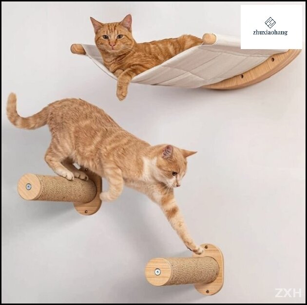 Эксклюзивная лежанка бежевая из массива дерева для кошек настенная