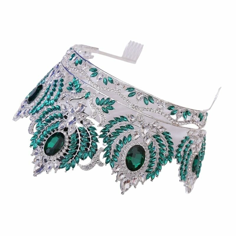 Корона для Вечеринок в стиле Подиум Барокко - Белый Бриллиант на Серебряном фоне, Темно-Зеленый Бриллиантовый Гребень Для Волос