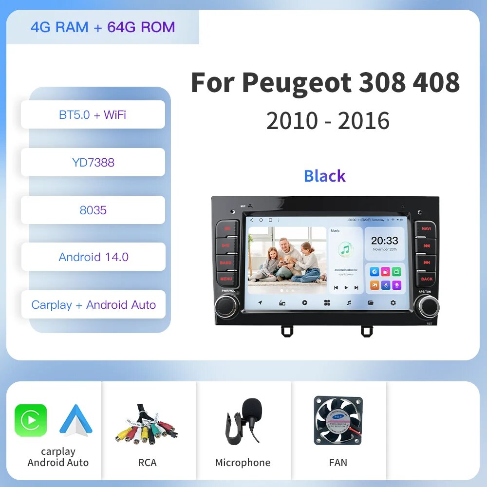 Автомобильное мультимедийное радио Kapud Android 14 7 дюймов для Peugeot 308 408 2 Din 3326 B 4 64