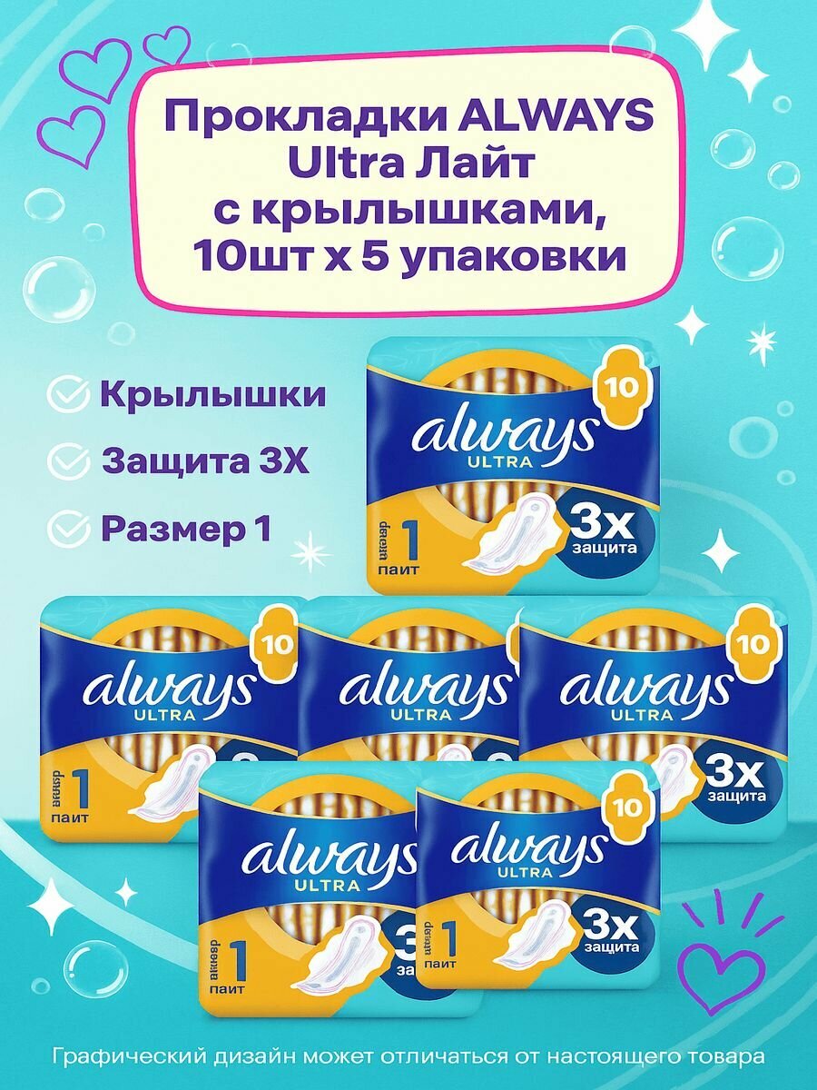 Прокладки ALWAYS Ultra Лайт с крылышками, 10шт x 5 упаковок