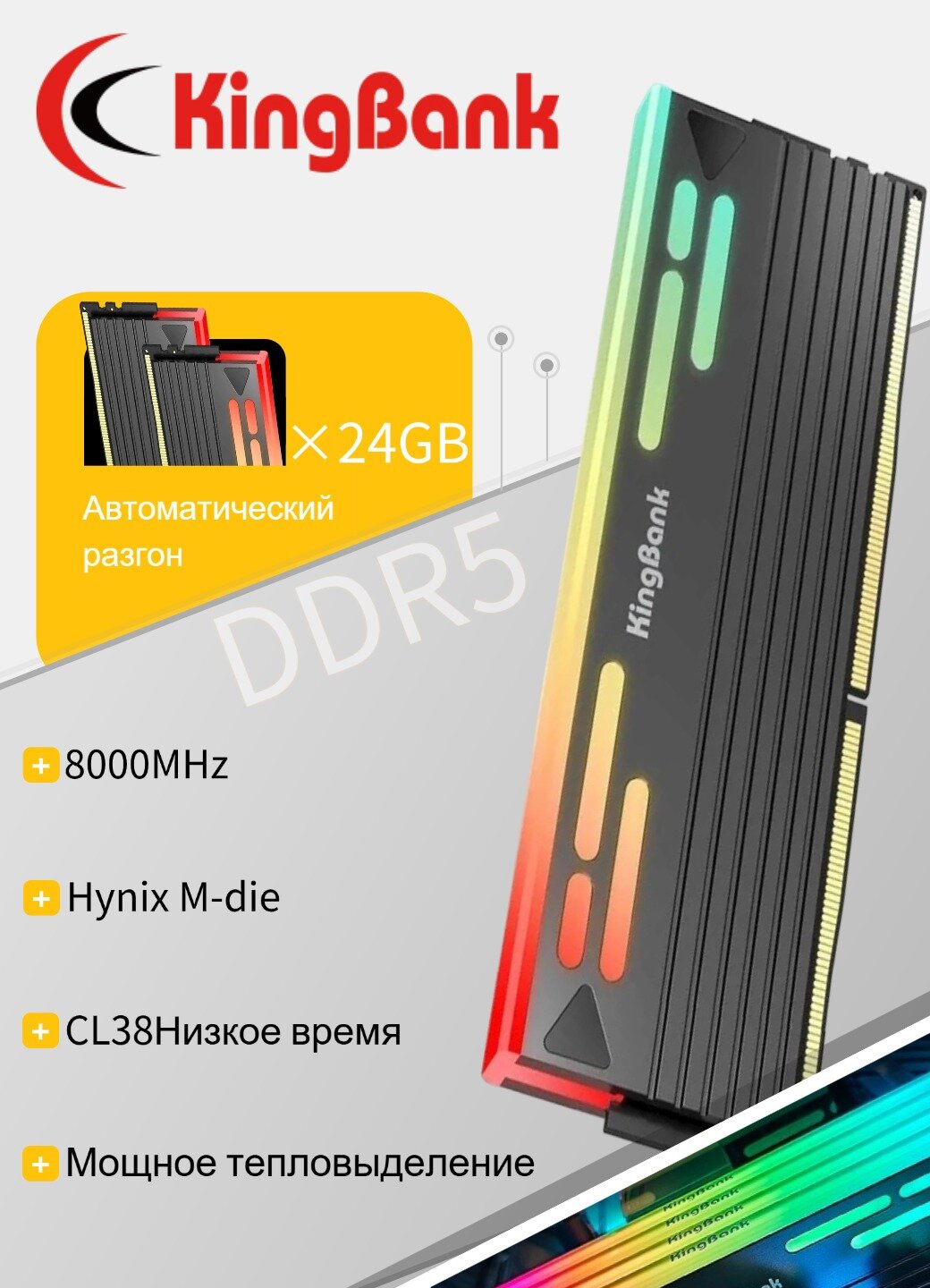 KingBank Модуль памяти KFRB series DDR5 8000MHz 24GB UDIMM Black Heatsink RGB (Hynix M-die C38)*2