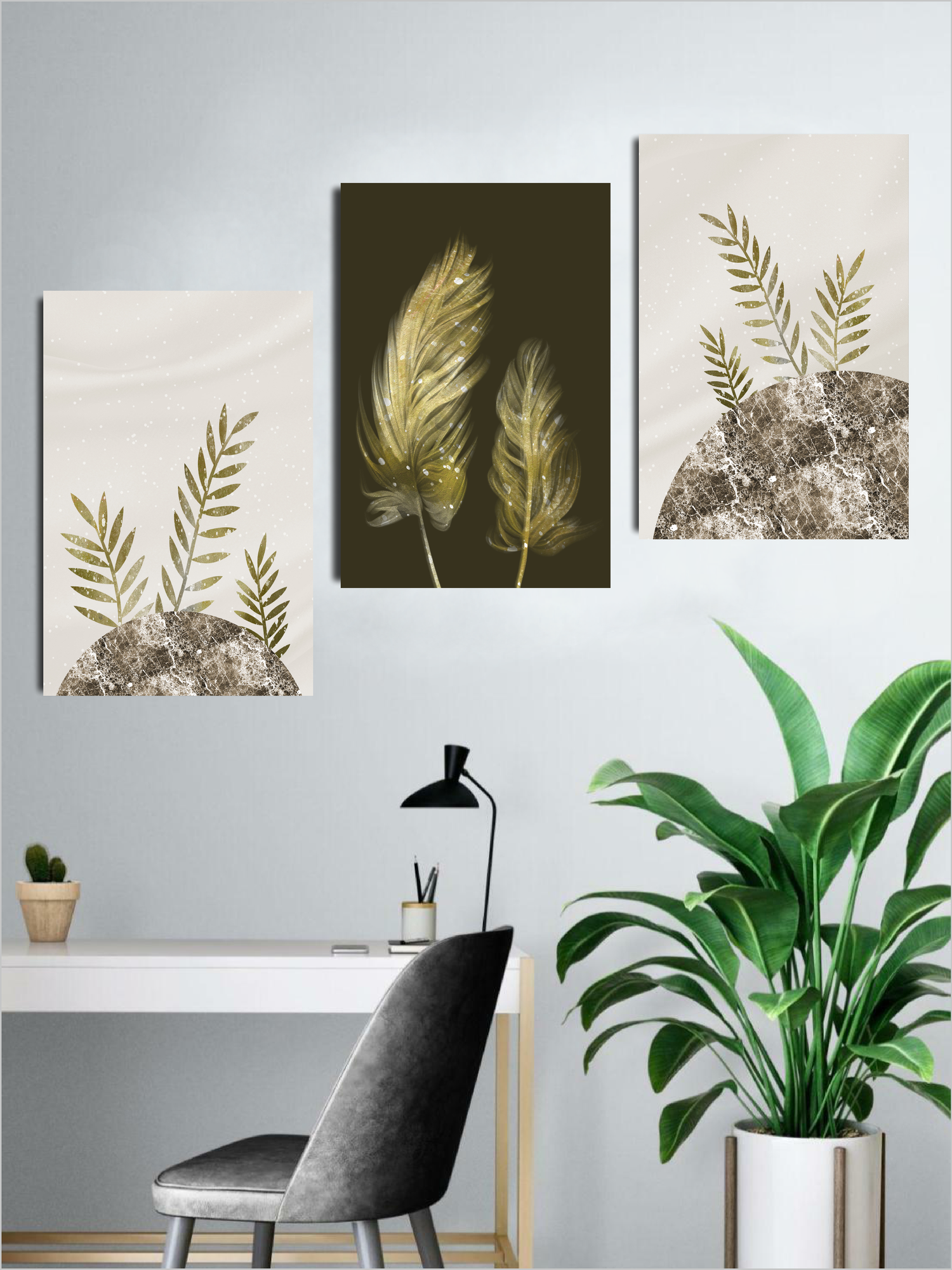 Модульная картина для интерьера на стену, Золотые перья и растения на камнях 40х60 см - 3 штуки холст на подрамнике