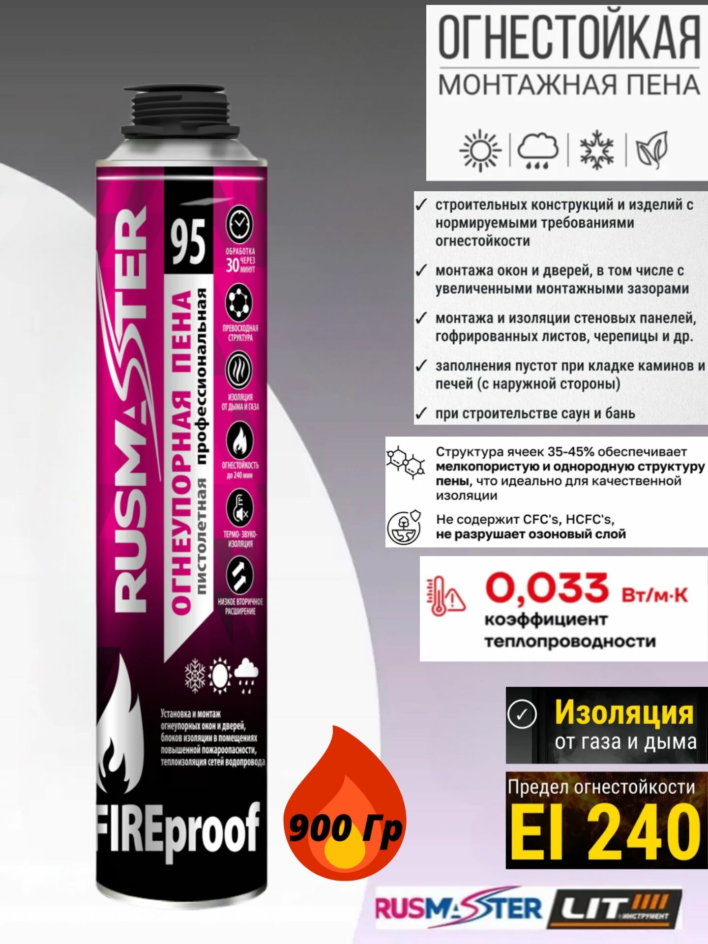 Пена монтажная огнеупорная под пистолет RUS-MASTER FIREproof 95, 900 гр. 58154