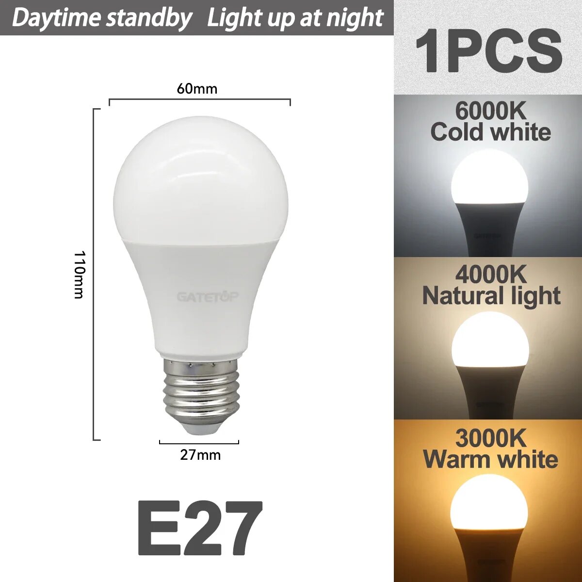 Светодиодная лампа с датчиком освещенности E27 B22 10Вт 1PCS E27, Nautral light 4000K