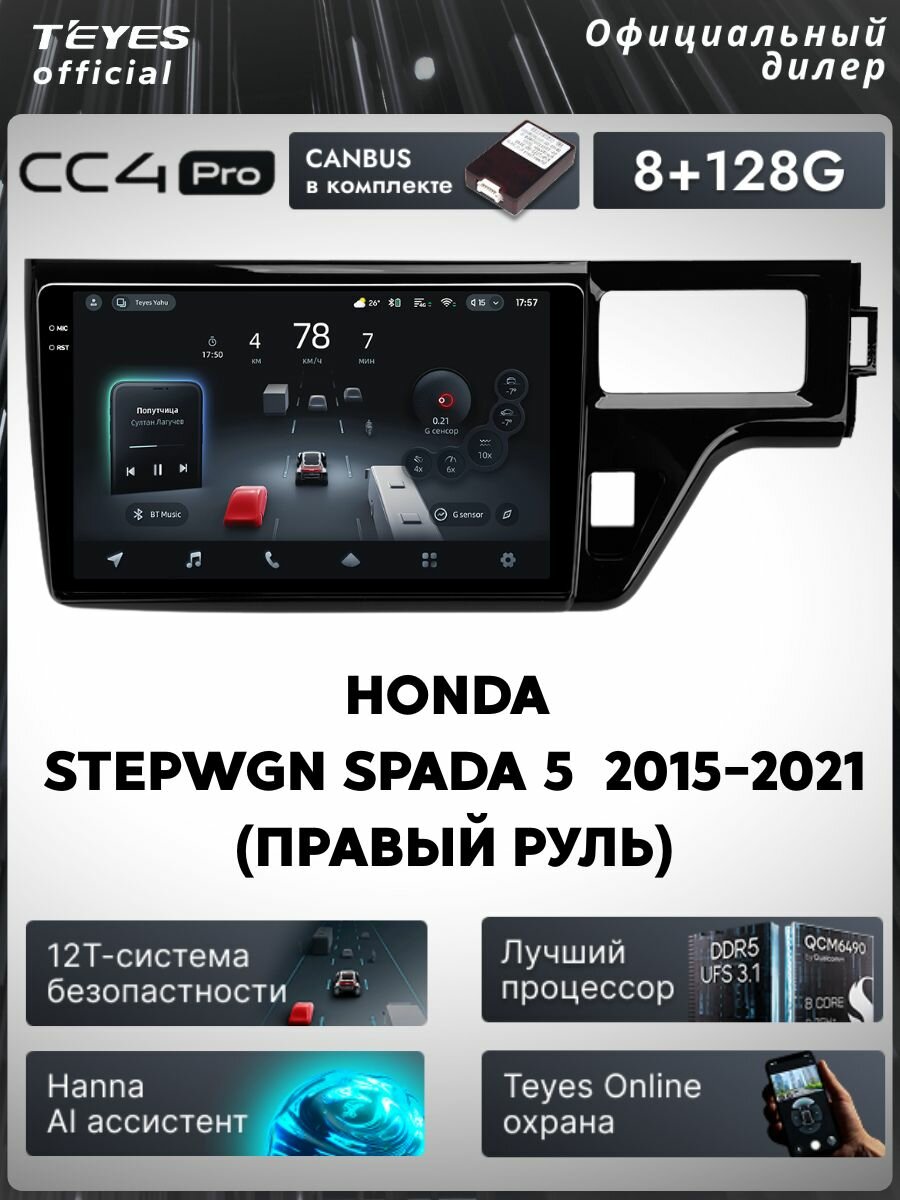 Магнитола Honda Stepwgn 5 (Right hand driver) 2015-2021 Teyes CC4 Pro 8/128GB, штатная магнитола, 8-ми ядерный процесс