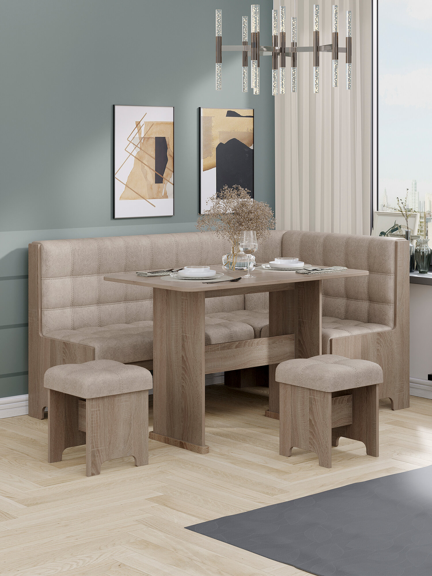 Кухонный уголок Флорида (Дуб Сонома трюфель/Микровелюр Wellmart Dark Beige)