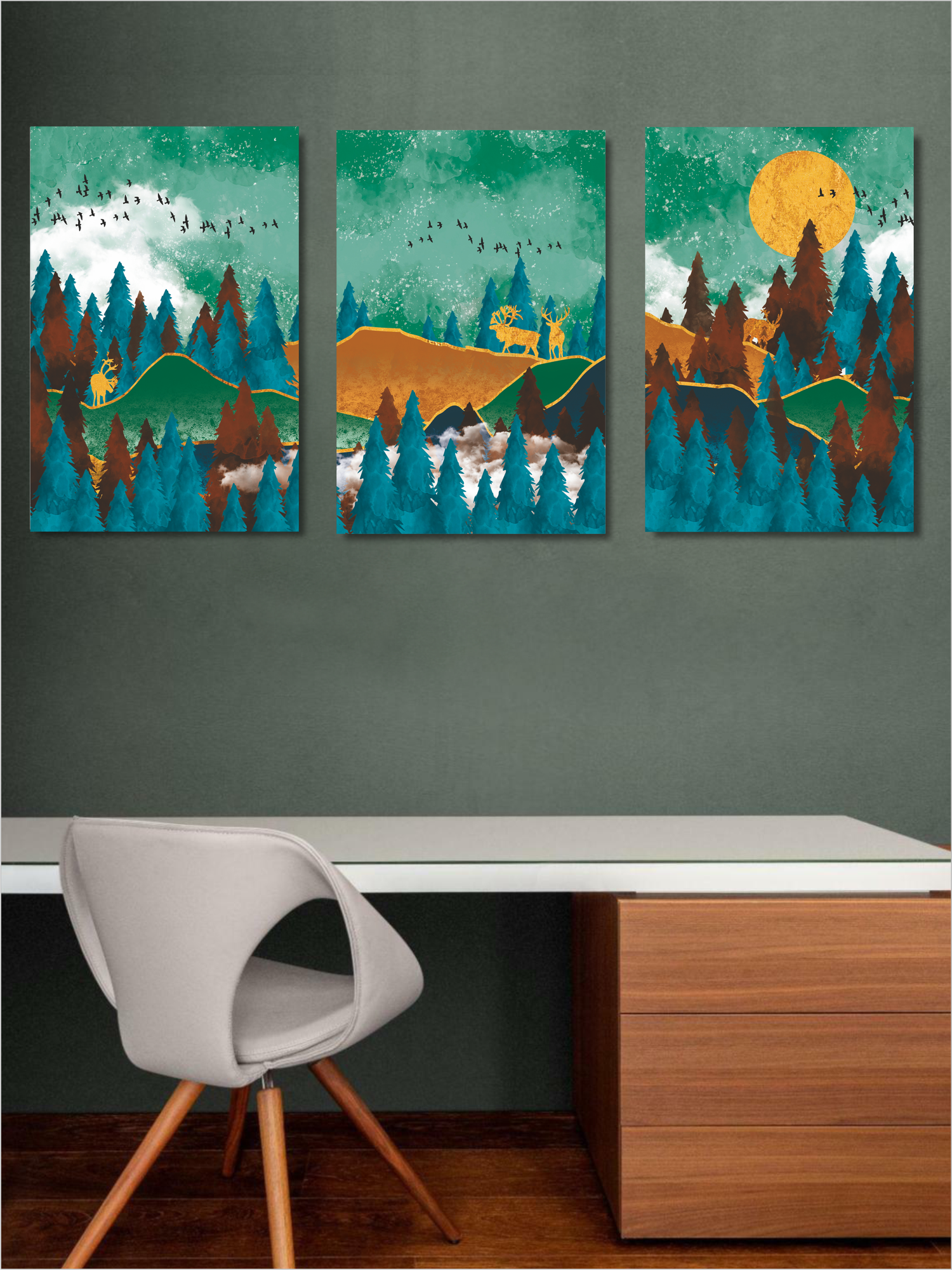 Модульная картина для интерьера на стену природа. Олени в горном лесу 50х75 см - 3 штуки на холсте на подрамнике