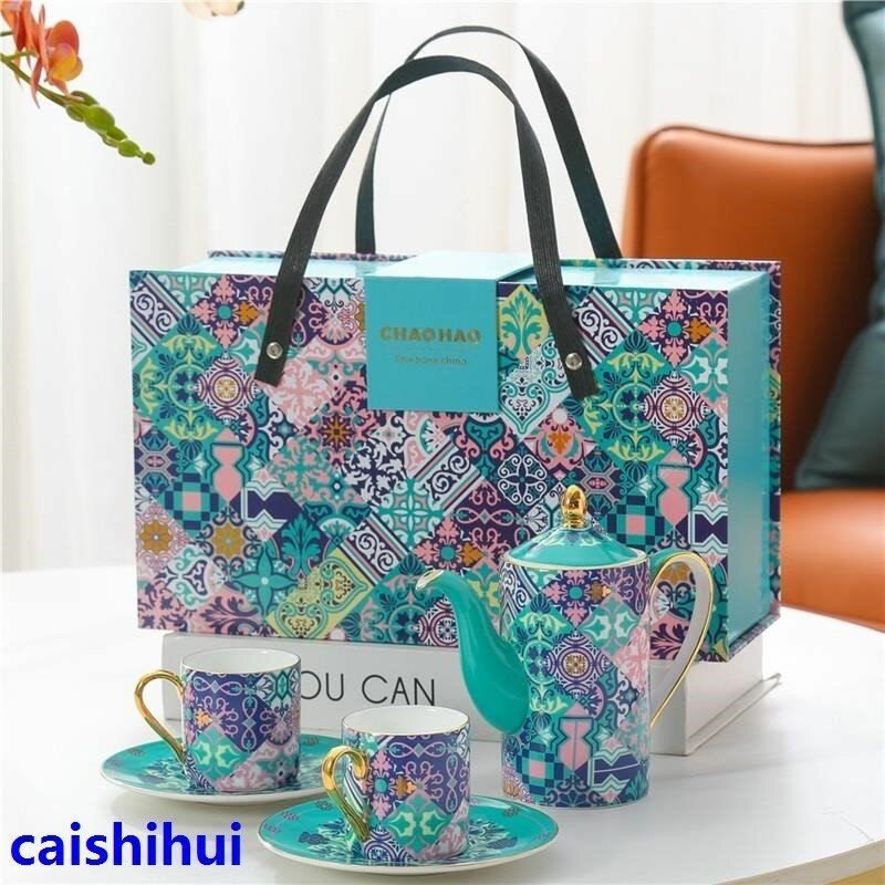 Набор кофейных чашек и тарелок в стиле Digi Garden , 1 кофейник и 2 тарелки-подарочная коробка