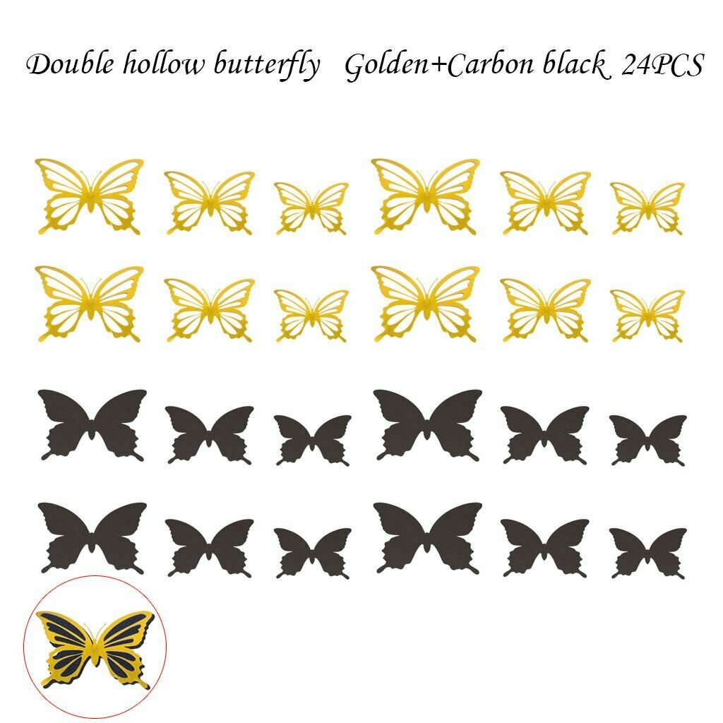 1 комплект из 24 шт, 12 пар цветных двухслойных наклеек на стену в виде полых бабочек золотисто-перламутровой бумаги-сажа