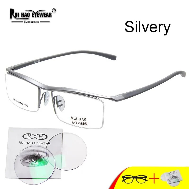 Очки RUI HAO EYEWEAR 8189 из чистого титана Silvery frame, Серебряный, 1.67, Единая версия, Анти-синий луч