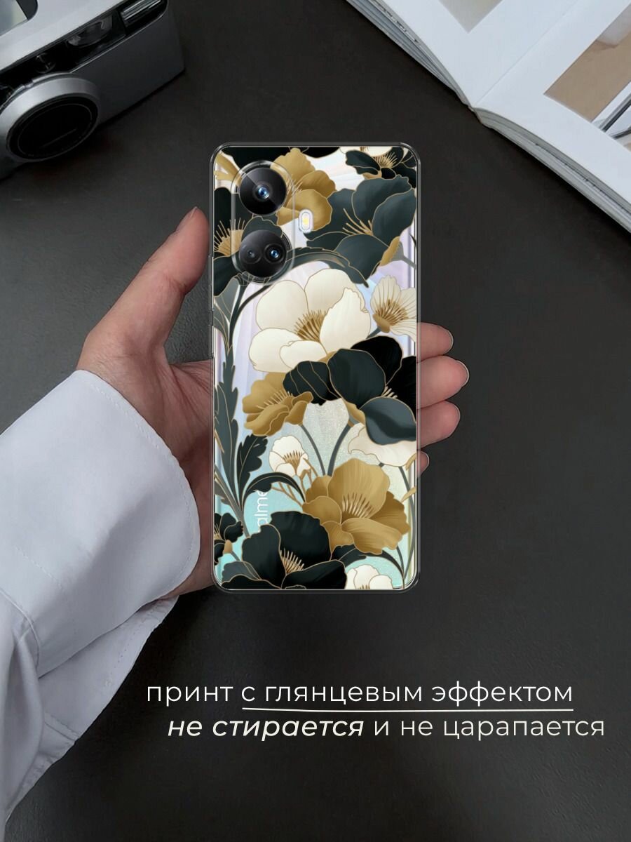 Чехол на Realme 10 Pro+ / Реалми 10 Про+ с принтом Золотые цветы — фото 1