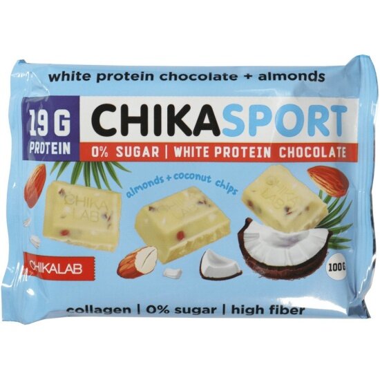 Протеиновый шоколад Chikalab белый с миндалем и кокосовыми чипсами 100 гр.