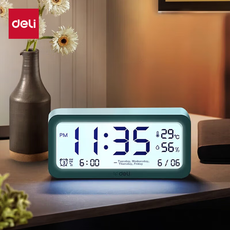 Deli Multifunctional Electronic Alarm Clock, Student And Children's Wake-Up Device, Backlit Bedside Clock, Time Management Thermometer And Hygrometer, Green