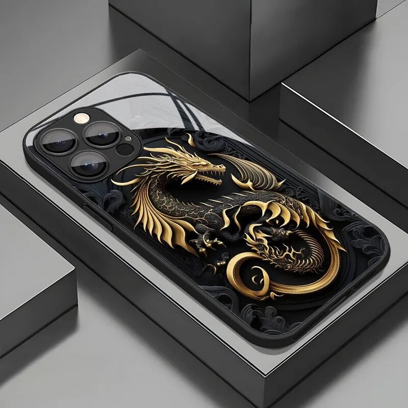 Чехол iPhone 15 с золотым драконом, закаленное стекло