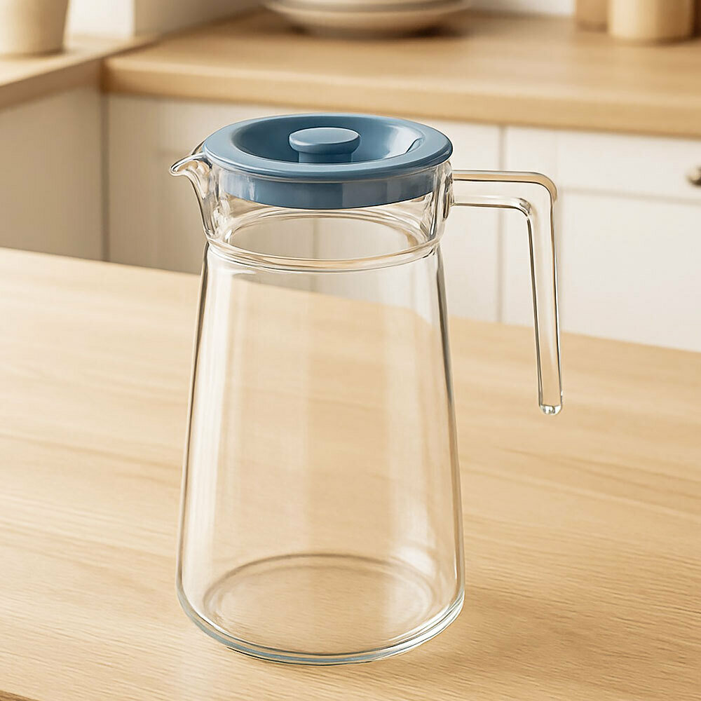 Кувшин стеклянный 2л с крышкой, прозрачный, для воды, удобная ручка, синяя крышка, размер 24.4см