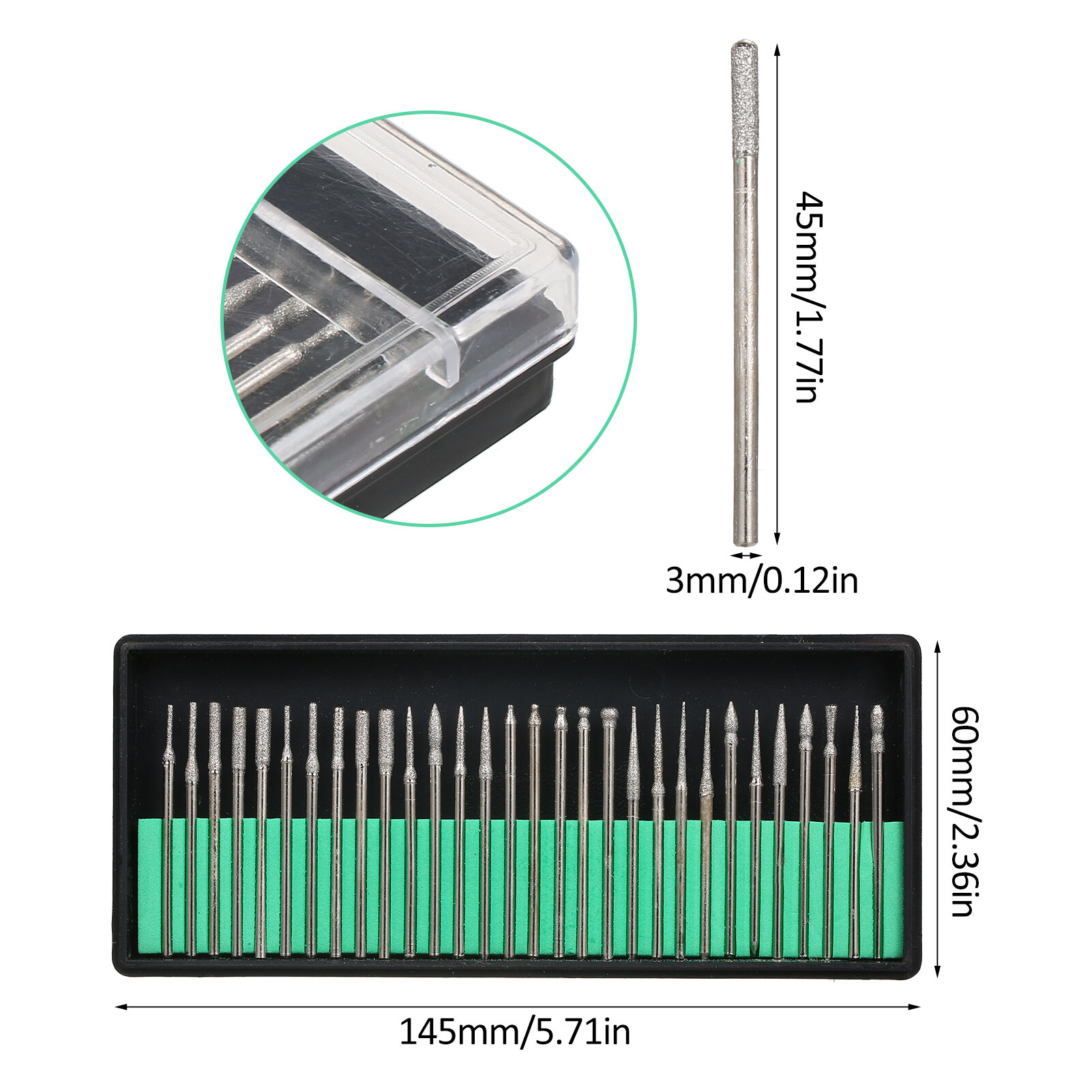 30 алмазных борфрез, набор из 30 алмазных борфрез для резьбы по дереву, набор алмазных борфрез для вращающегося инструмента, фрезера, шлифования, гравировки, резьбы, хвостовик 1/8'(3 мм)