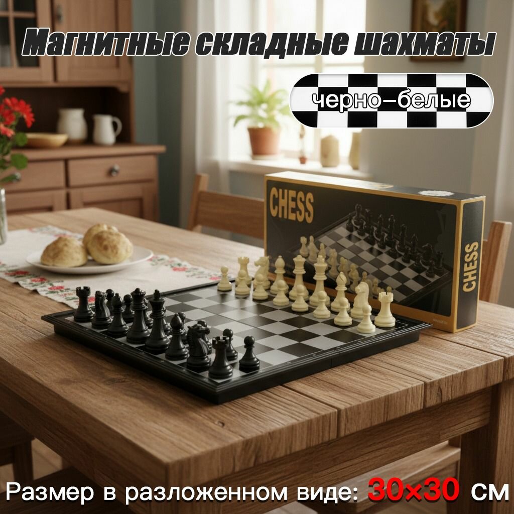Магнитные складные шахматы с доской под дерево и фигурами