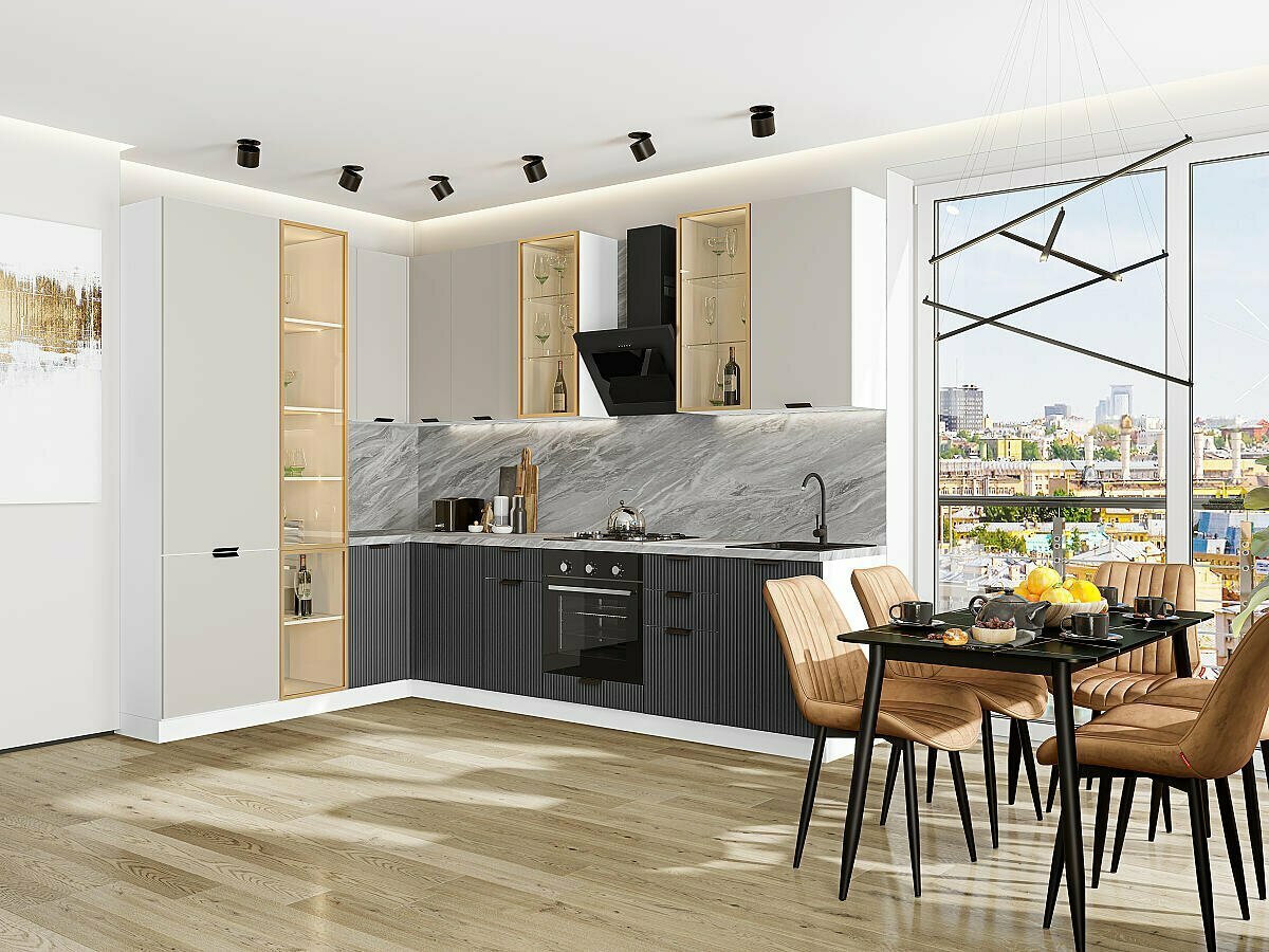 Кухня угловая 3 м. Евро Лайн-07, полки стекло Готовый кухонный гарнитур 2340*2000-3000*600 Агат-Антрацит без столешницы