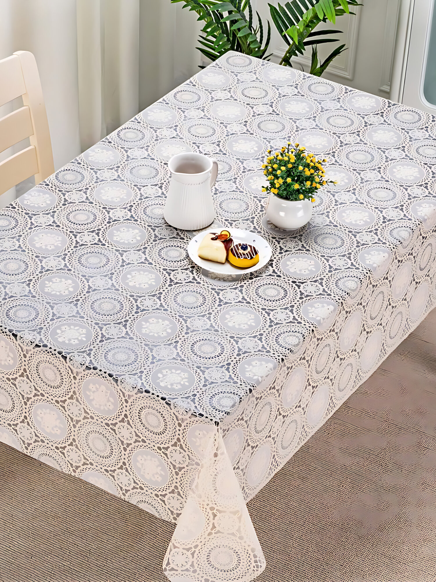 Клеенка Silvano LA-0102V, ПВХ, белая, с кружевом, рулон 1.37х20 м, Китай