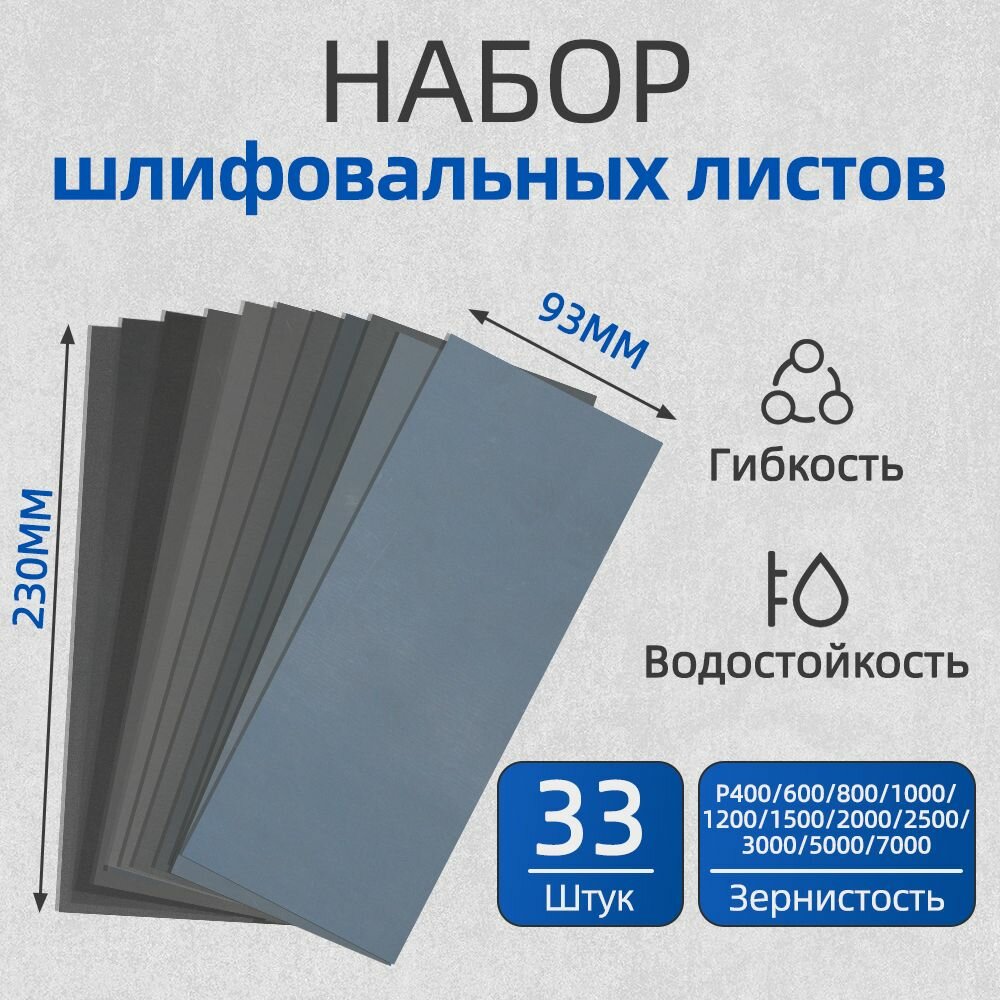 Наждачная бумага набор 230х93мм Р400-P7000 Шкурка шлифовальная , Водостойкая наждачная бумага, 33 шт.
