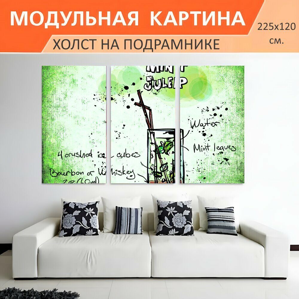 Модульная картина на холсте "Мятный джулеп, коктейль, напиток" триптих на подрамнике 225х120 см. для интерьера