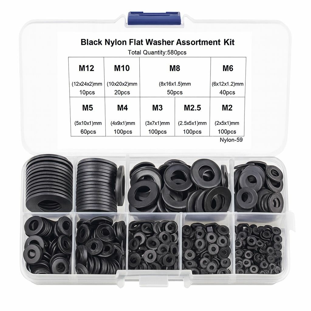 Набор плоских нейлоновых шайб (M2, M2.5, M3, M4, M5, M6, M8, M10, M12), в комплекте 580 штук (СФ)