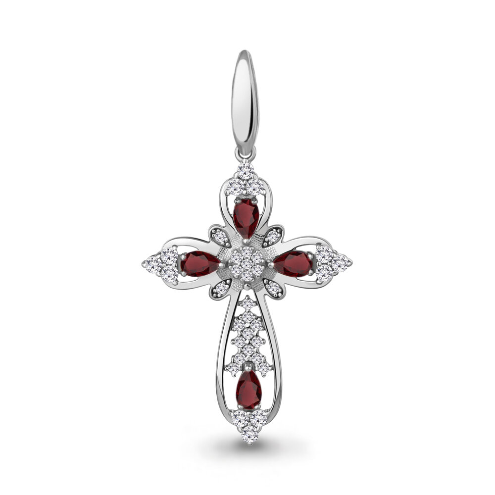 Крестик, серебро, 925 проба, родирование, гранат
