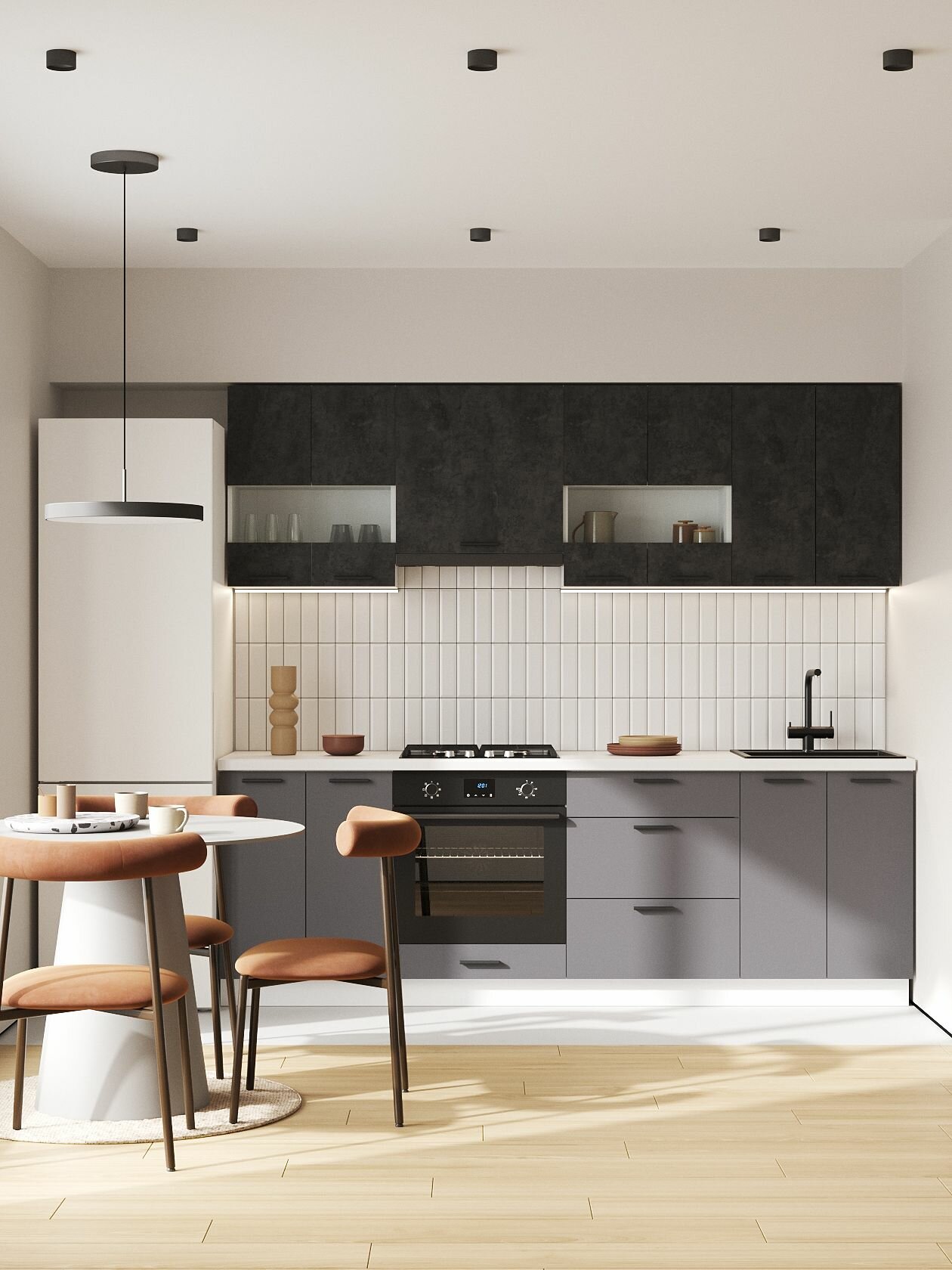 Кухонный гарнитур Урбан 2.4 м, мебель для дома и кухни, Белый / Цемент темный со стеклом / Графит серый