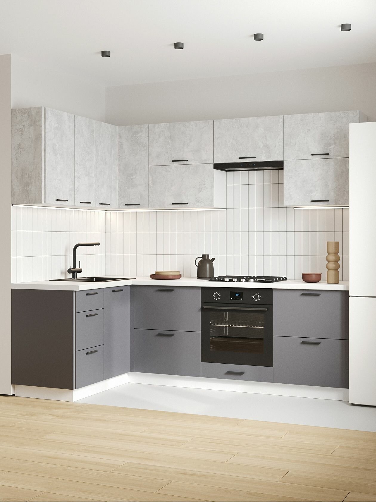 Кухонный гарнитур угловой Урбан 2.4х1.4 м, мебель для дома и кухни, Белый / Цемент светлый / Графит серый